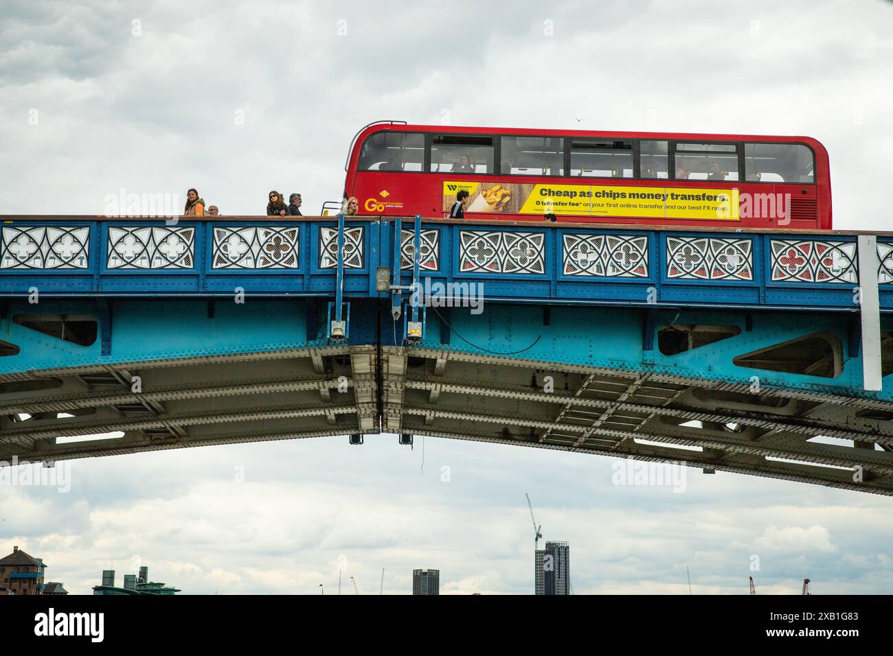 Close up of a red double decker bus on the middle section of Tower ...