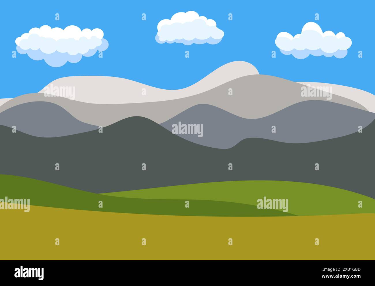 Natural cartoon landscape in the flat style with blue sky, clouds ...