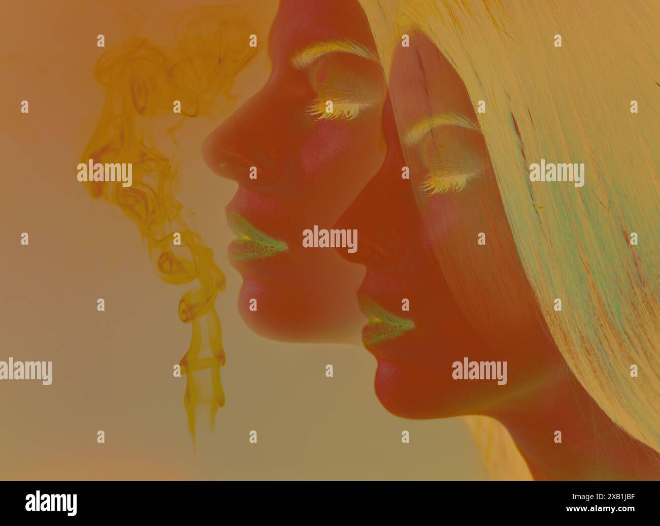 Woman, beauty and studio double exposure or light negative on ...