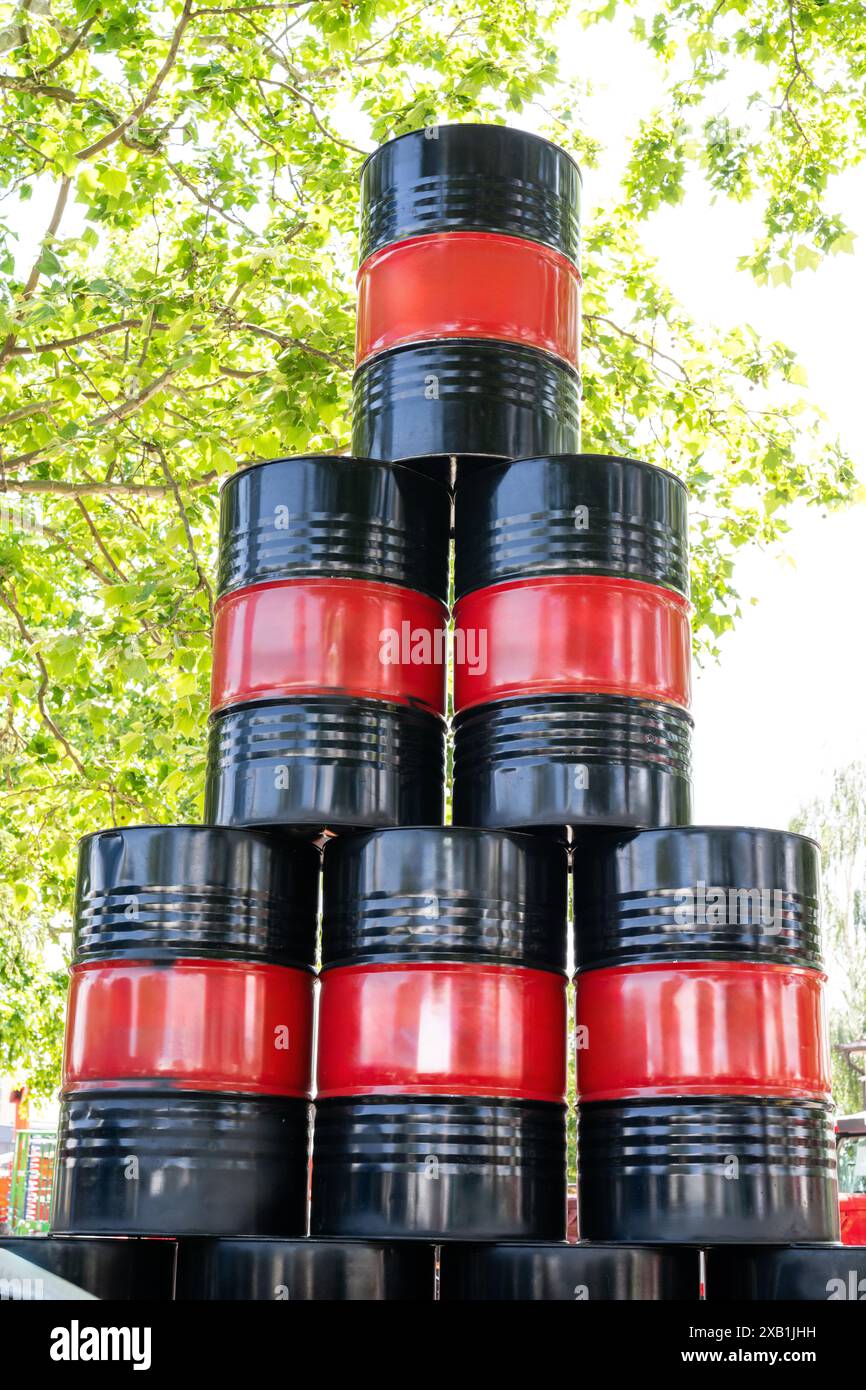 Stack of drums with black and red stripes. Mock up Stock Photo - Alamy