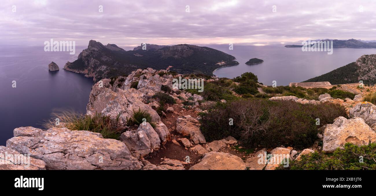 Panorama of the Albercutx Watchtower scenic viewpoint and a view of Cap ...