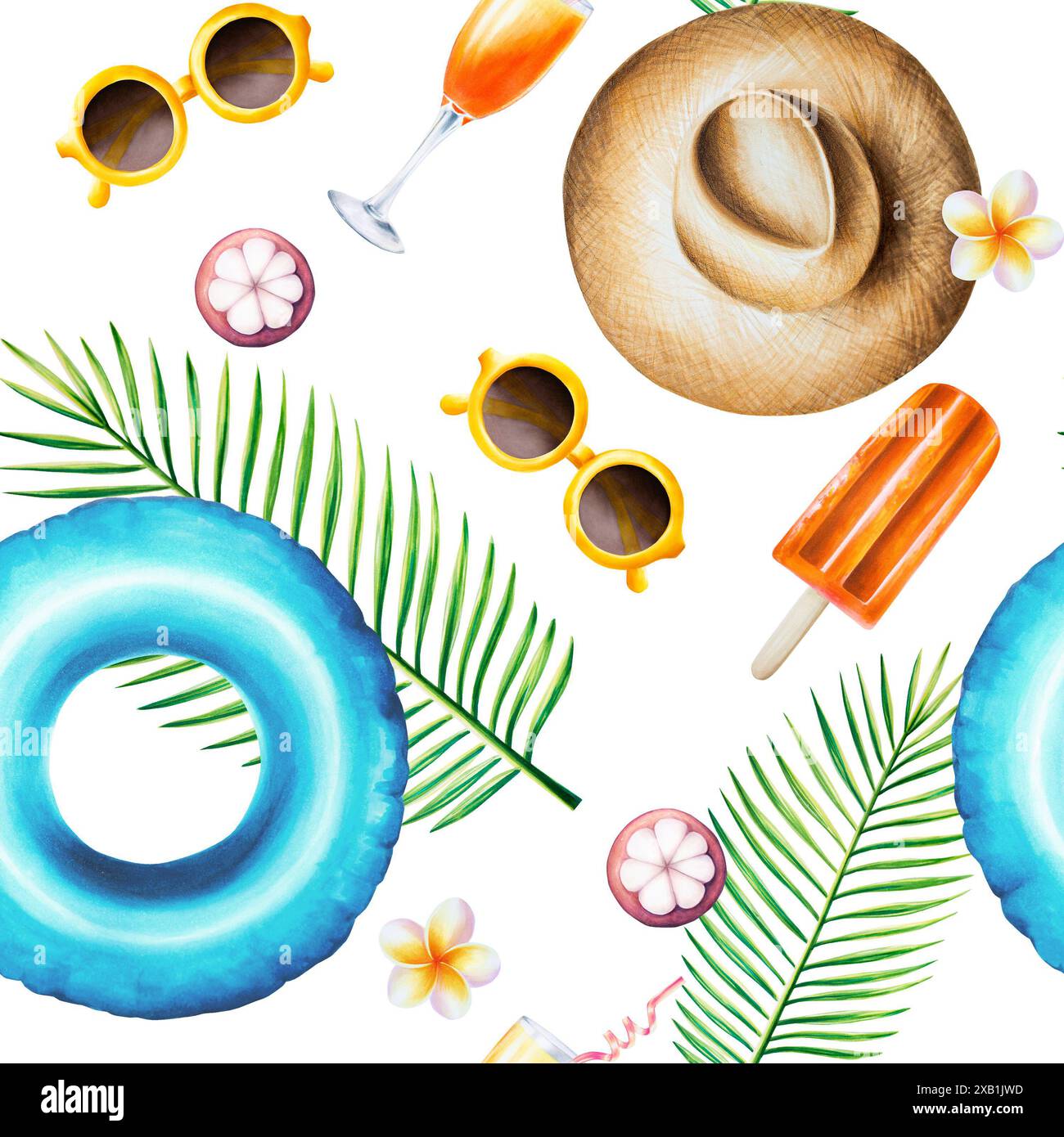 Tropical seamless pattern with fruit ice cream, straw for cocktail ...