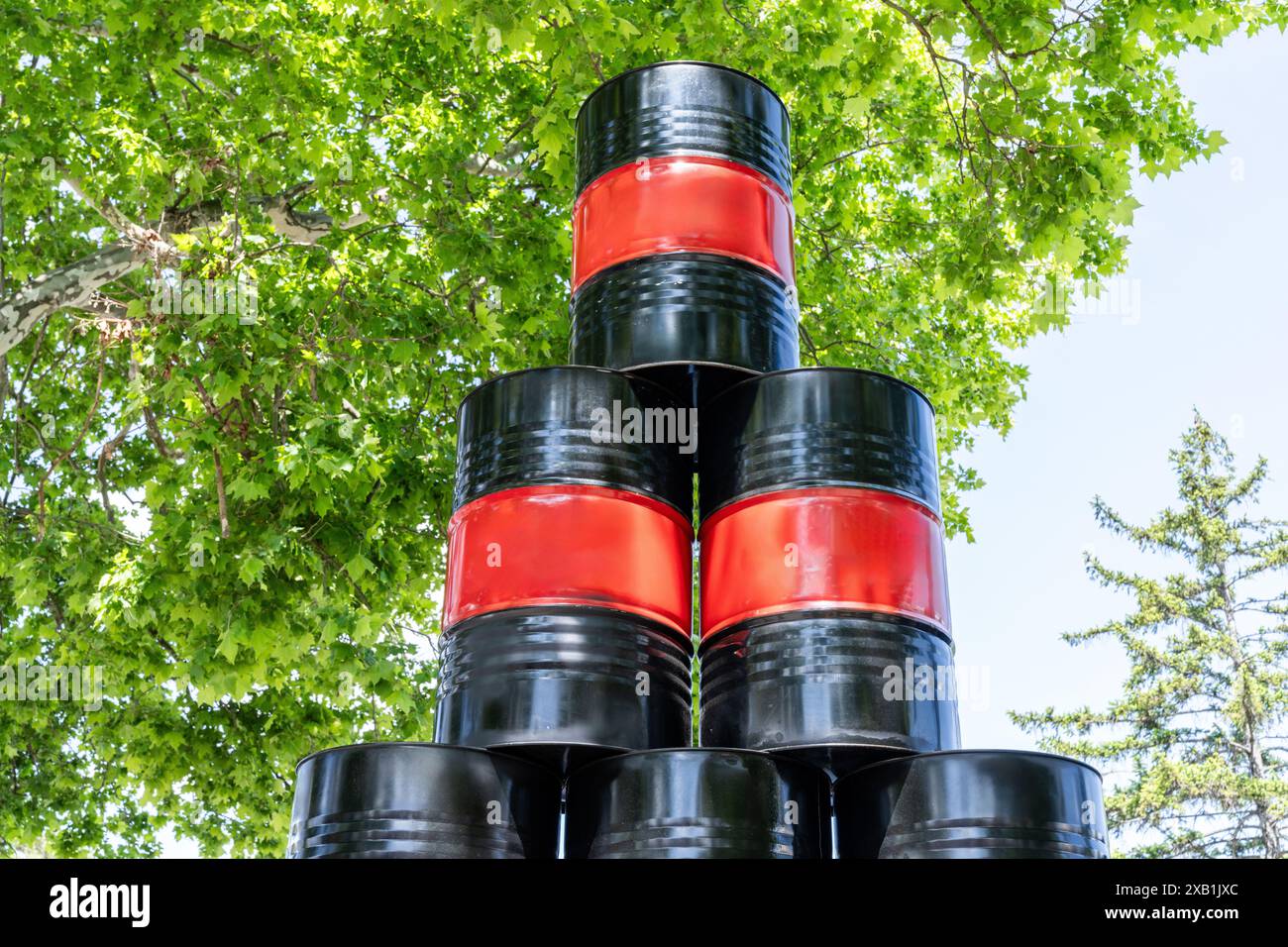 Stack of drums with black and red stripes. Mock up Stock Photo - Alamy