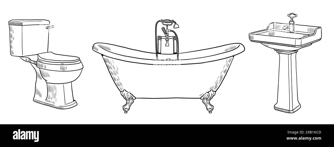 Hand drawing with sanitary elements: bathtub, washbasin and stand ...