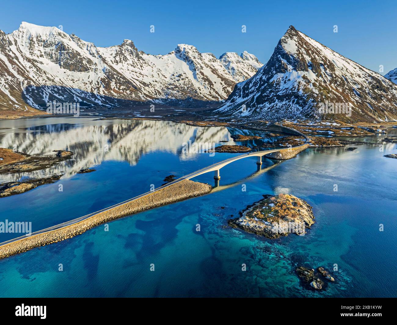 Aerial photo, bridge, coast, mountains, winter, Moskenesoya, Lofoten ...