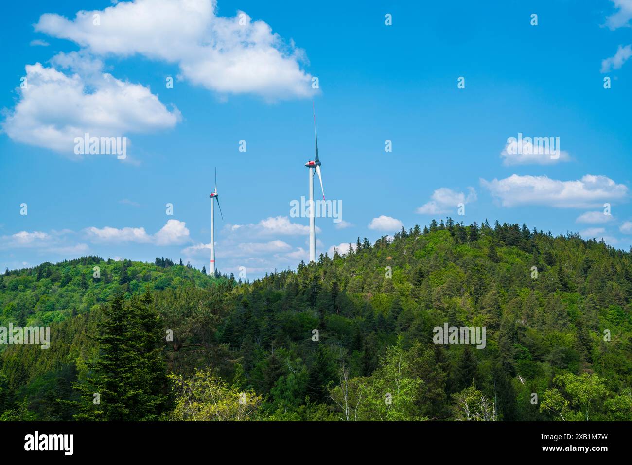 Germany, Renewable energy created by two wind turbines in black forest ...