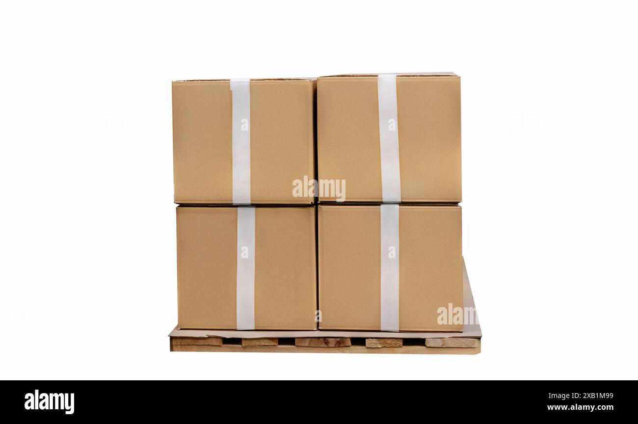 isolated stack of packed cardboard boxes on wooden pallet Stock Photo ...