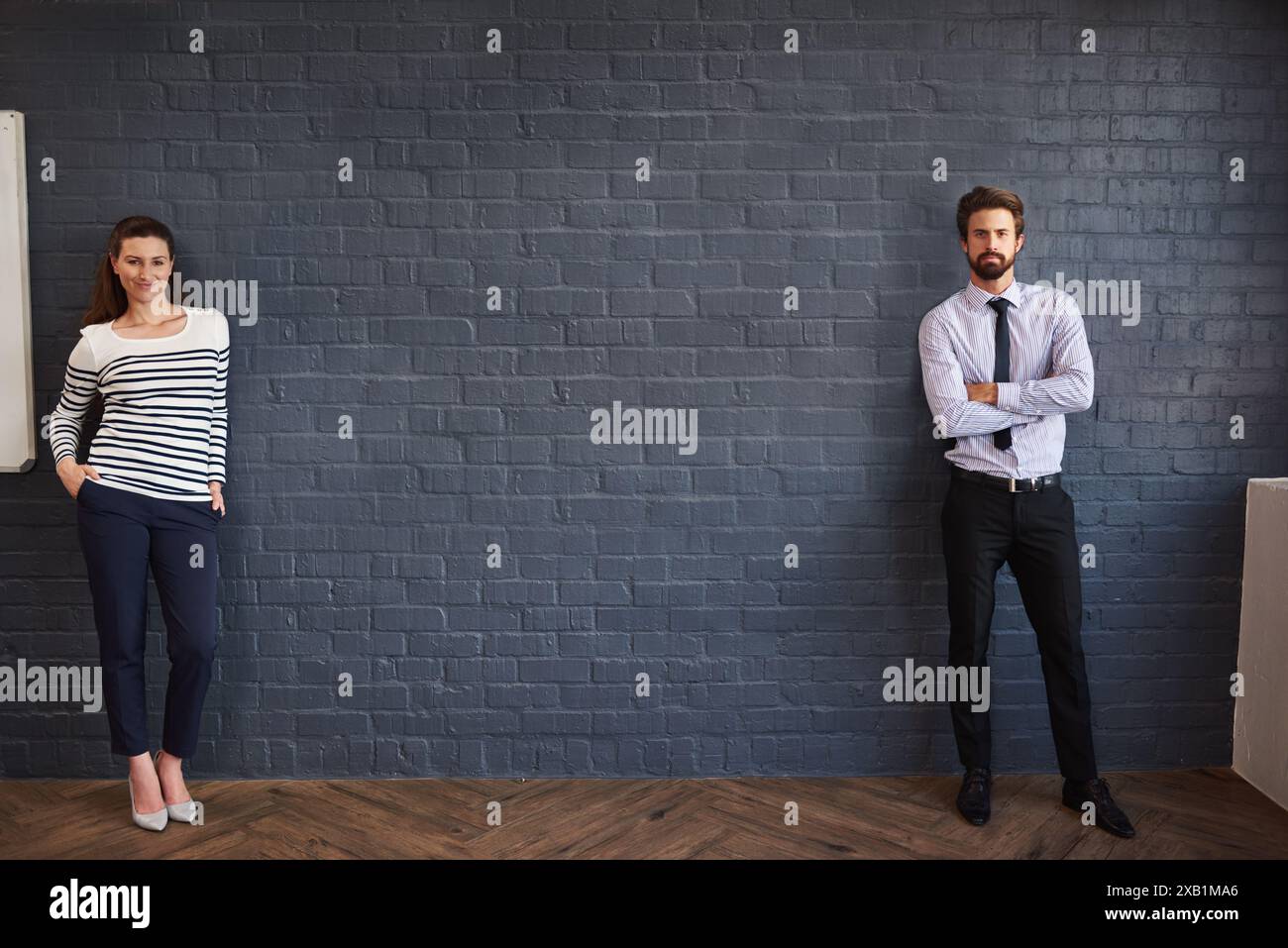 Creative people, portrait and wall with team for presentation, coaching ...