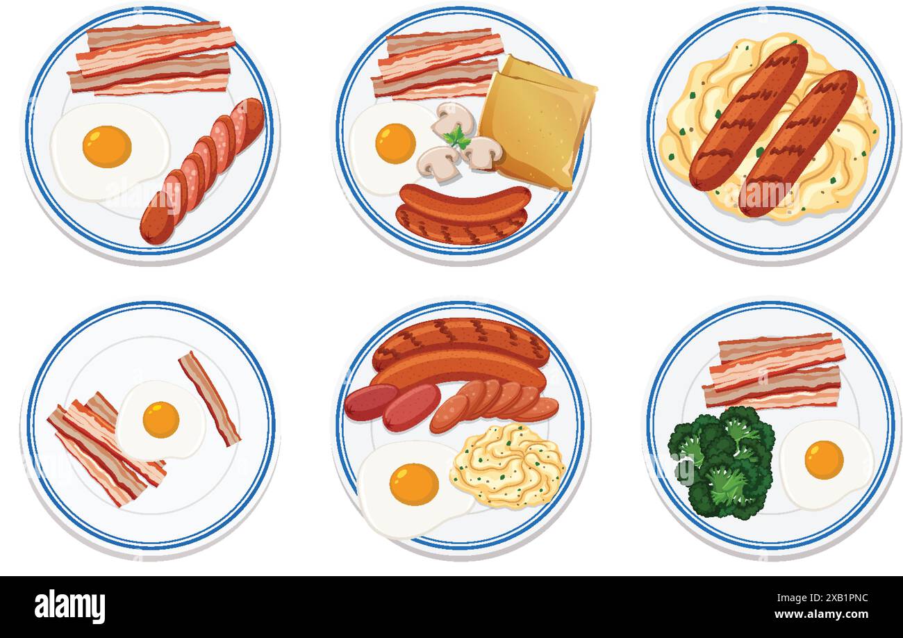 Various breakfast plates with eggs and meats Stock Vector Image & Art ...