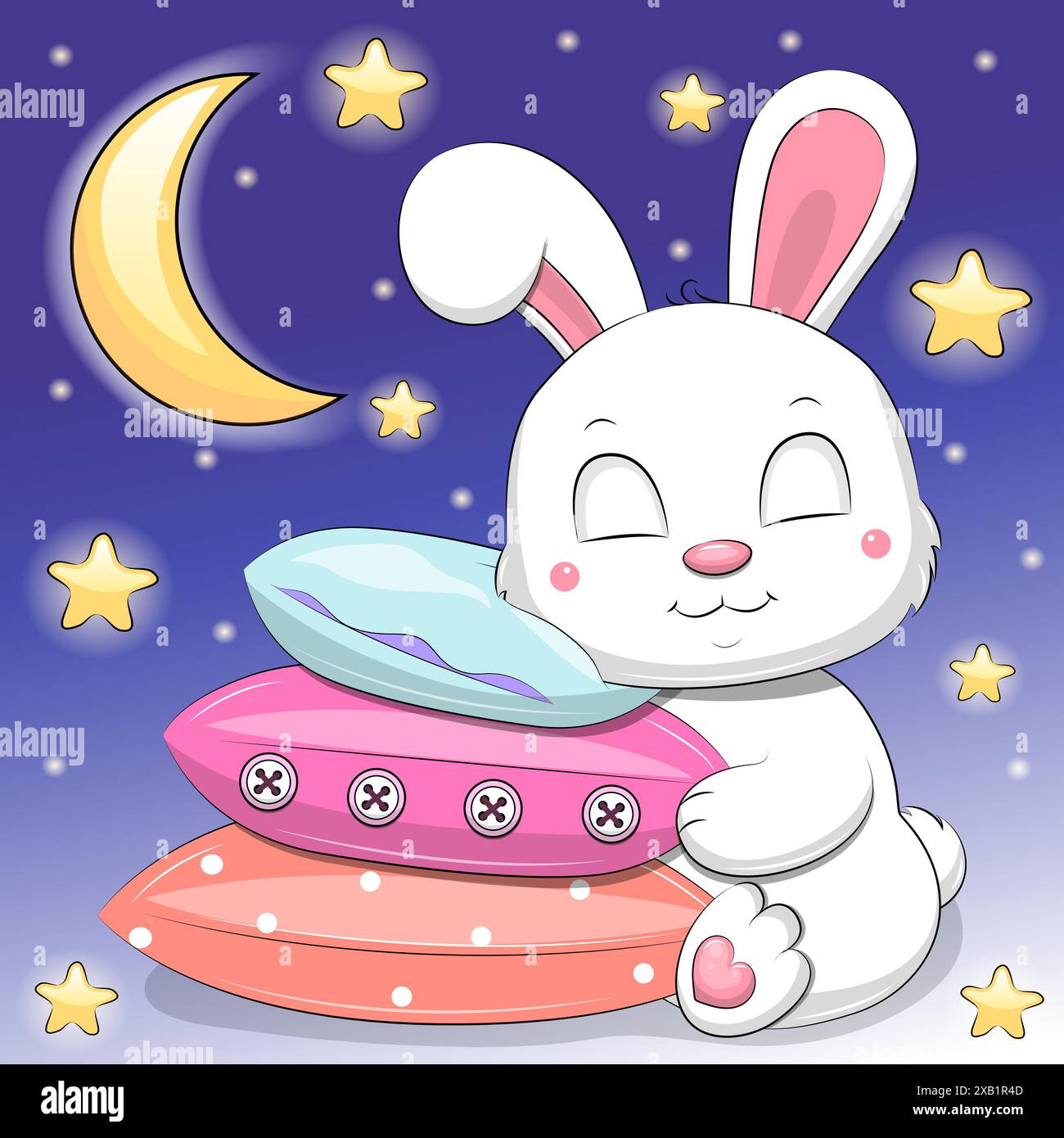 Cute cartoon white rabbit is sleeping on the pillows. Night vector ...