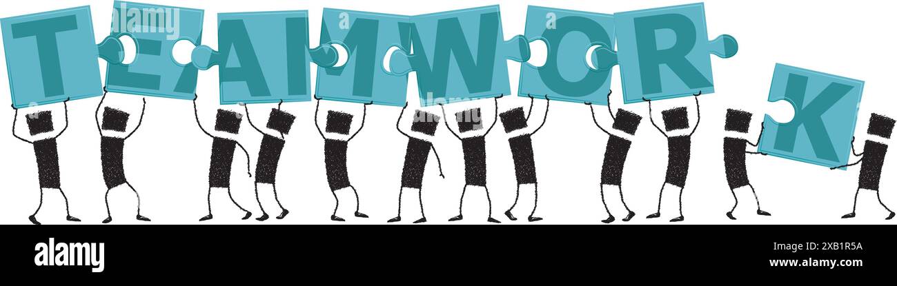 Illustration of a group of people lifting puzzle pieces above their ...