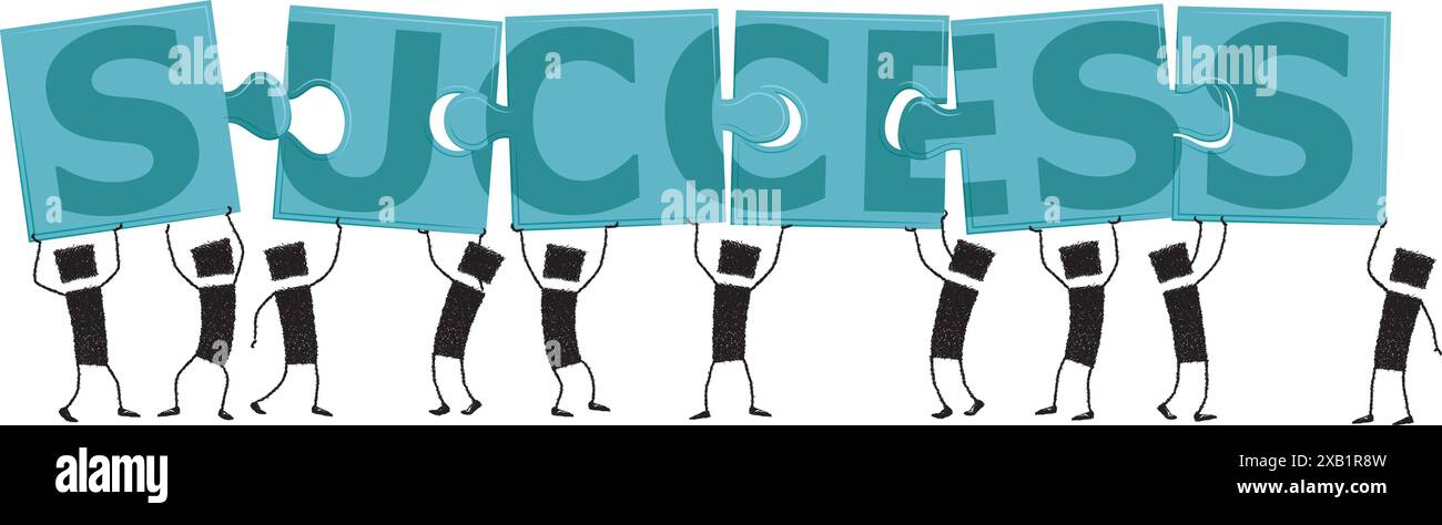 Illustration of a group of people lifting puzzle pieces above their ...