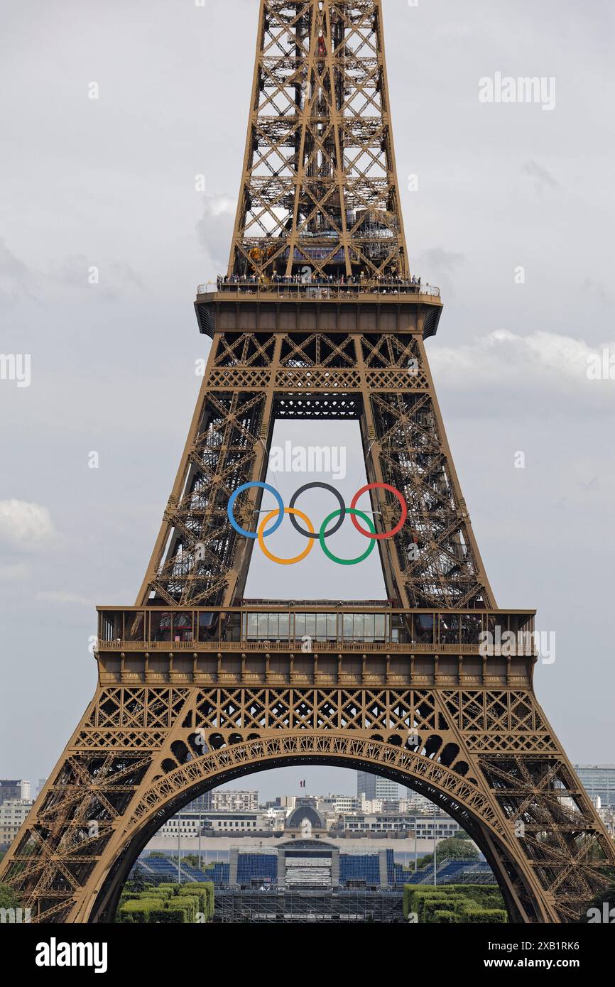 Olympic rings on the Eiffel Tower. Paris, France. Credit: Gerard ...