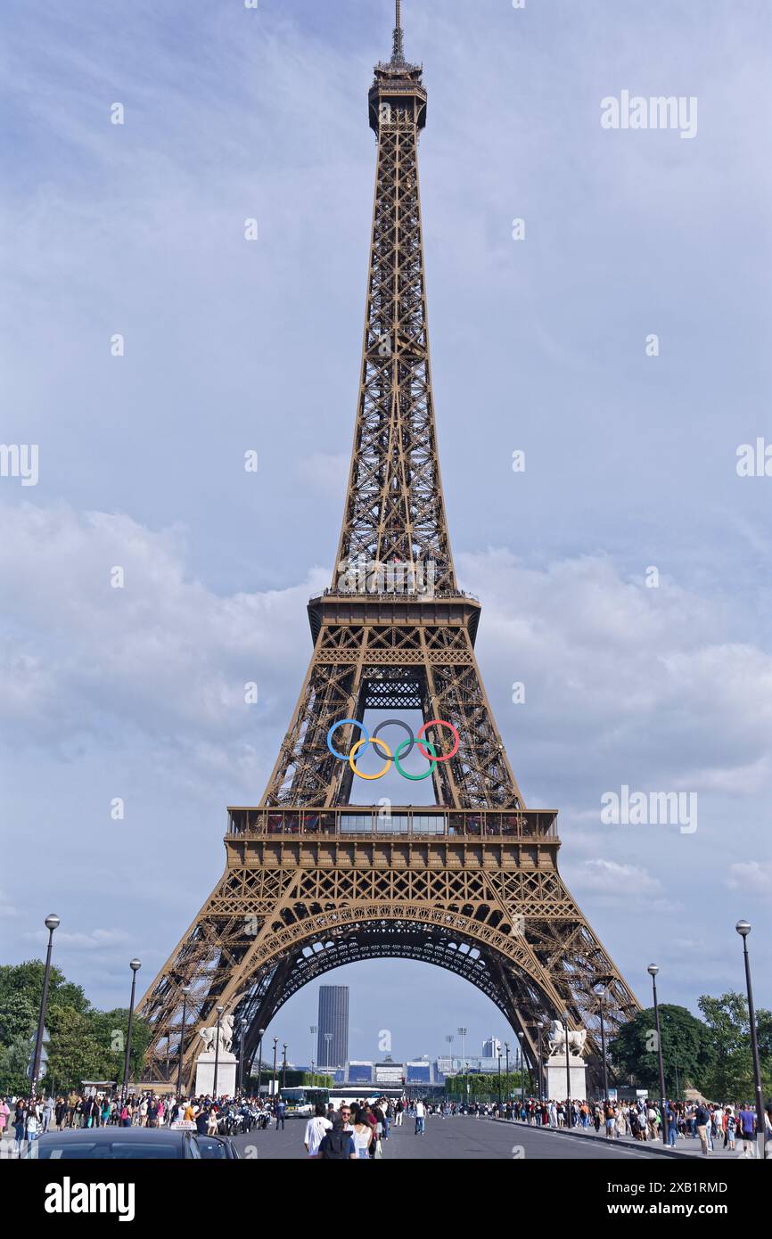Olympic rings on the Eiffel Tower. Paris, France. Credit: Gerard ...