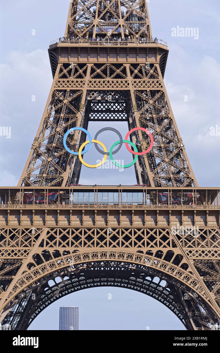 Olympic rings on the Eiffel Tower. Paris, France. Credit: Gerard ...