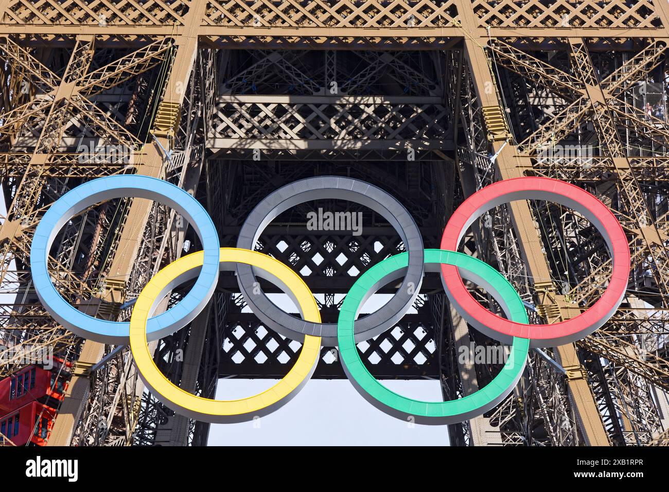 Olympic rings on the Eiffel Tower. Paris, France. Credit: Gerard ...