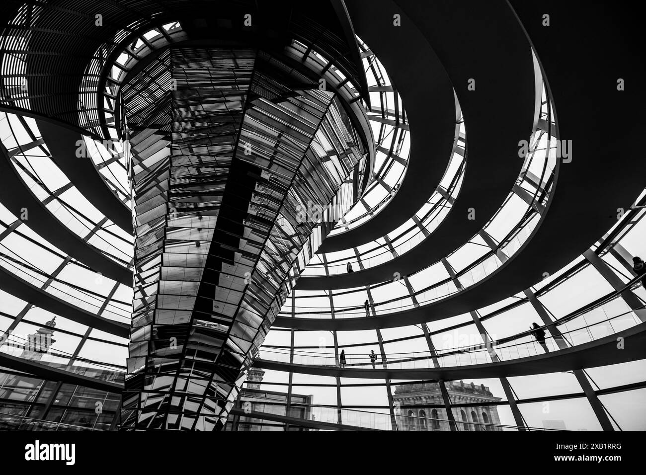 Inside view of the Reichstag glass dome in Berlin showing the mirrored ...