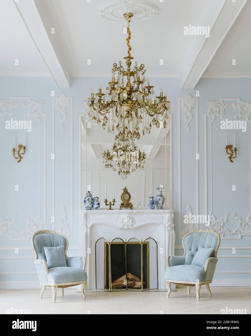 cozy light blue interior of the living room with chic beautiful antique ...