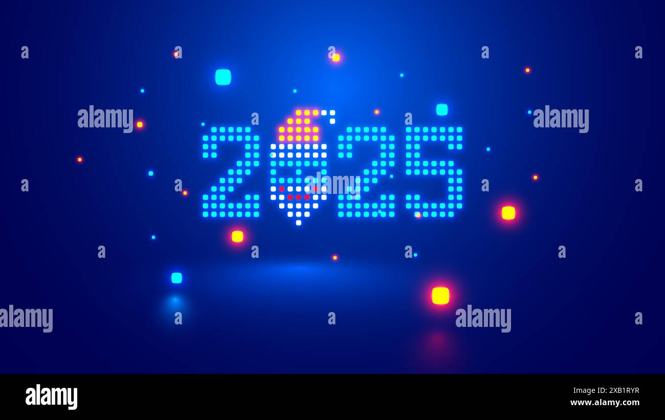 2025 New Year and happy Christmas card in digital, tech style. Pixel ...
