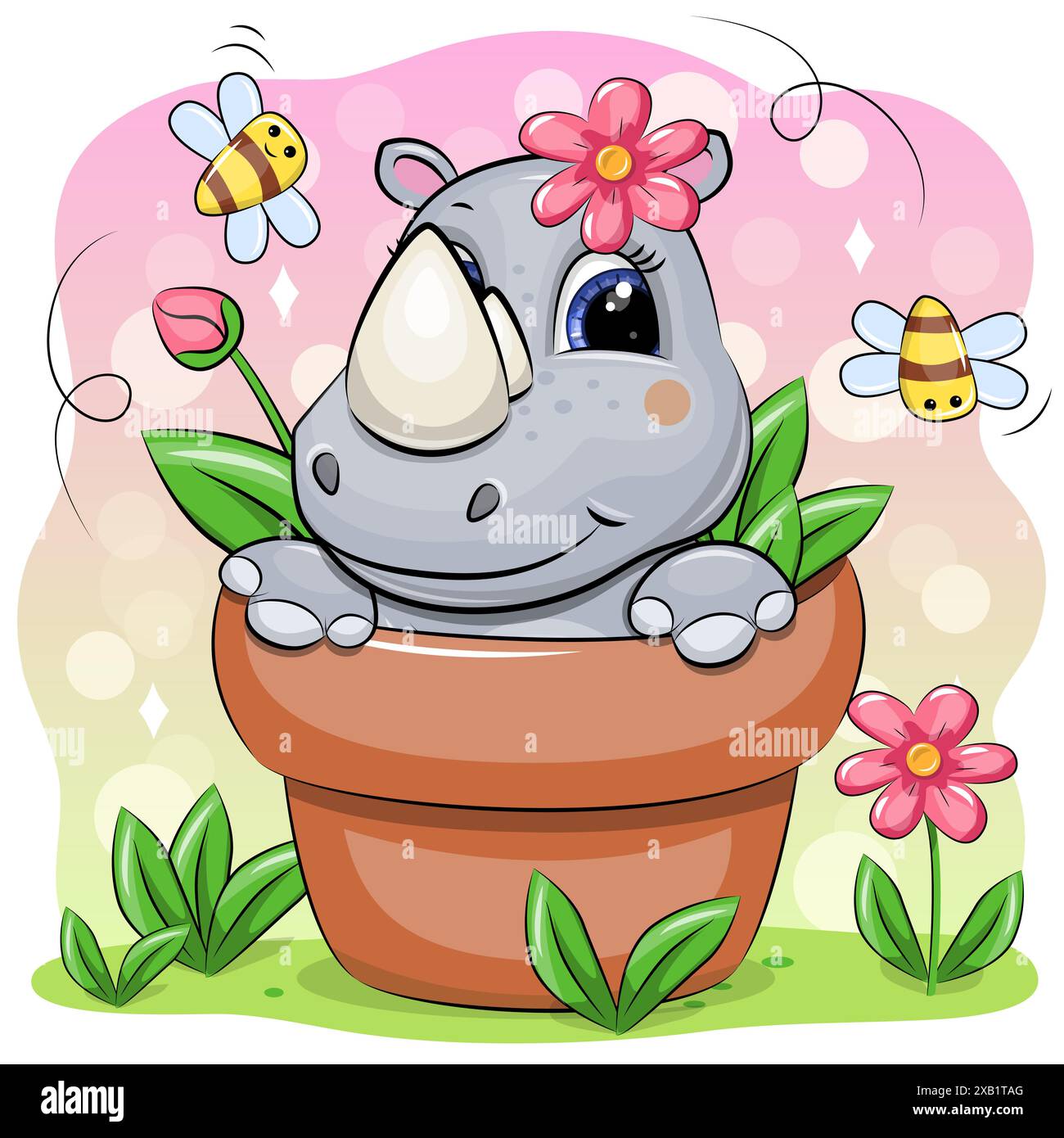Cute cartoon rhino in a flower pot with bees and flowers. Vector ...