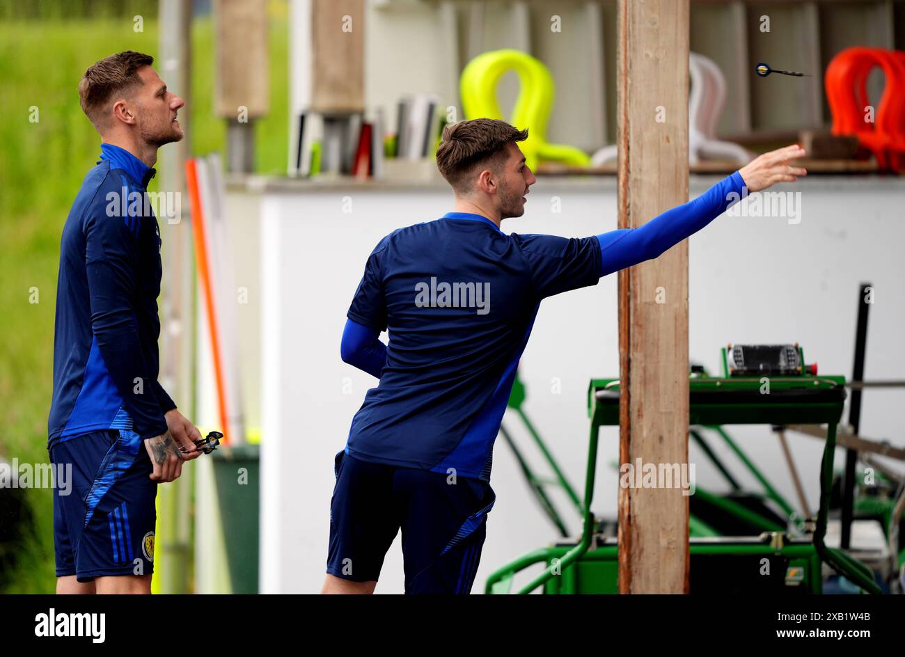Scotland's Liam Cooper (left) and Billy Gilmour play darts before a ...