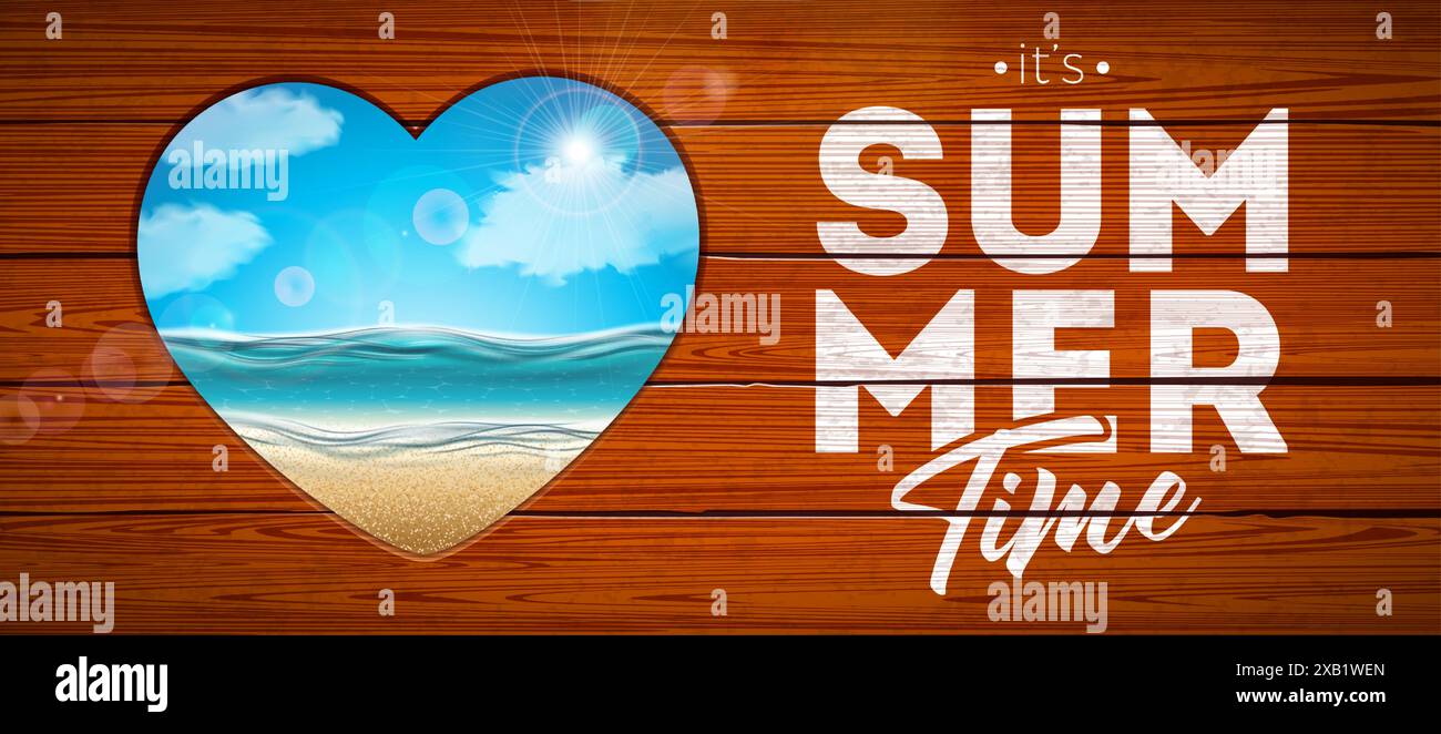 Hello Summer Illustration with Ocean Landscape in Cutting Heart Symbol ...
