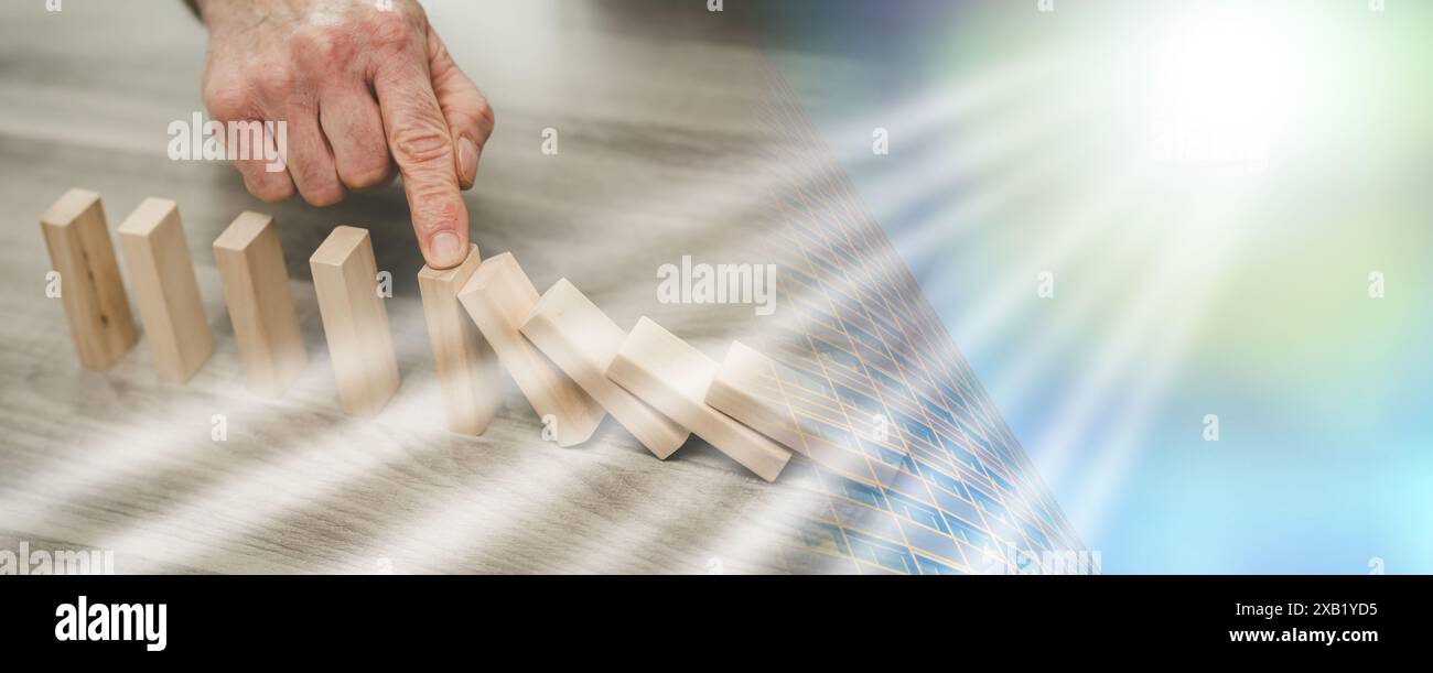 Business control concept by stopping domino effect; multiple exposure ...