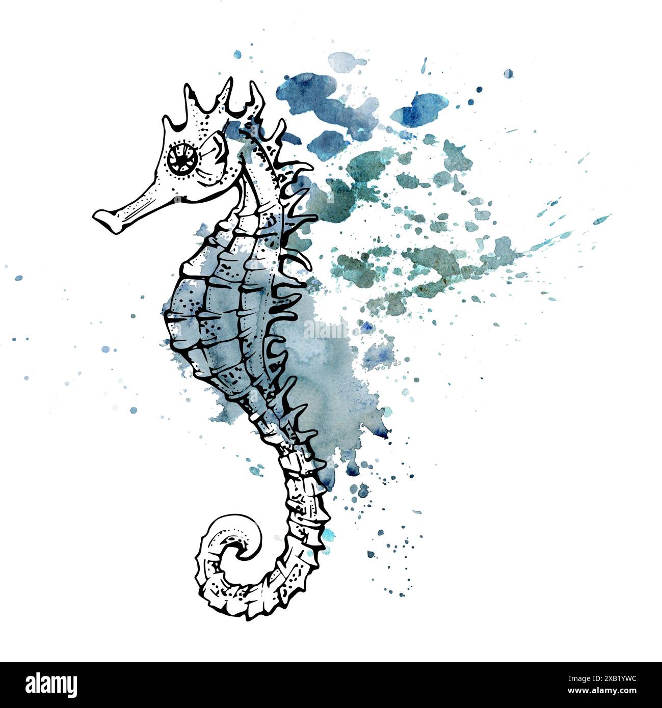 Watercolor and ink hand drawn marine life, sea ocean underwater ...