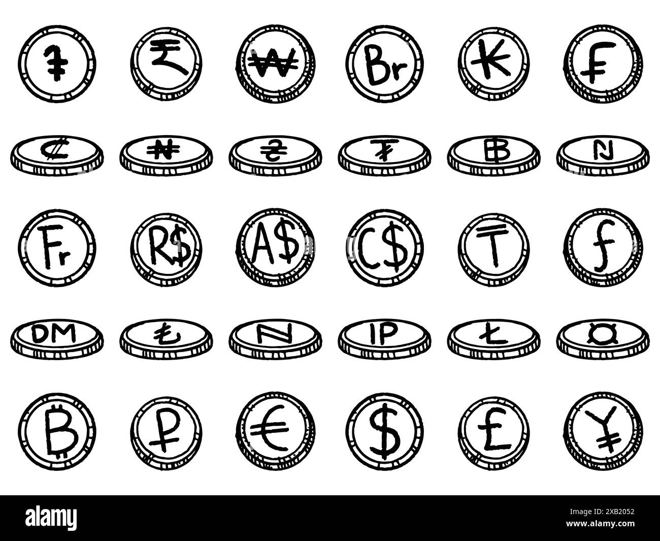 Hand drawn of coins money from different countries set elements ...