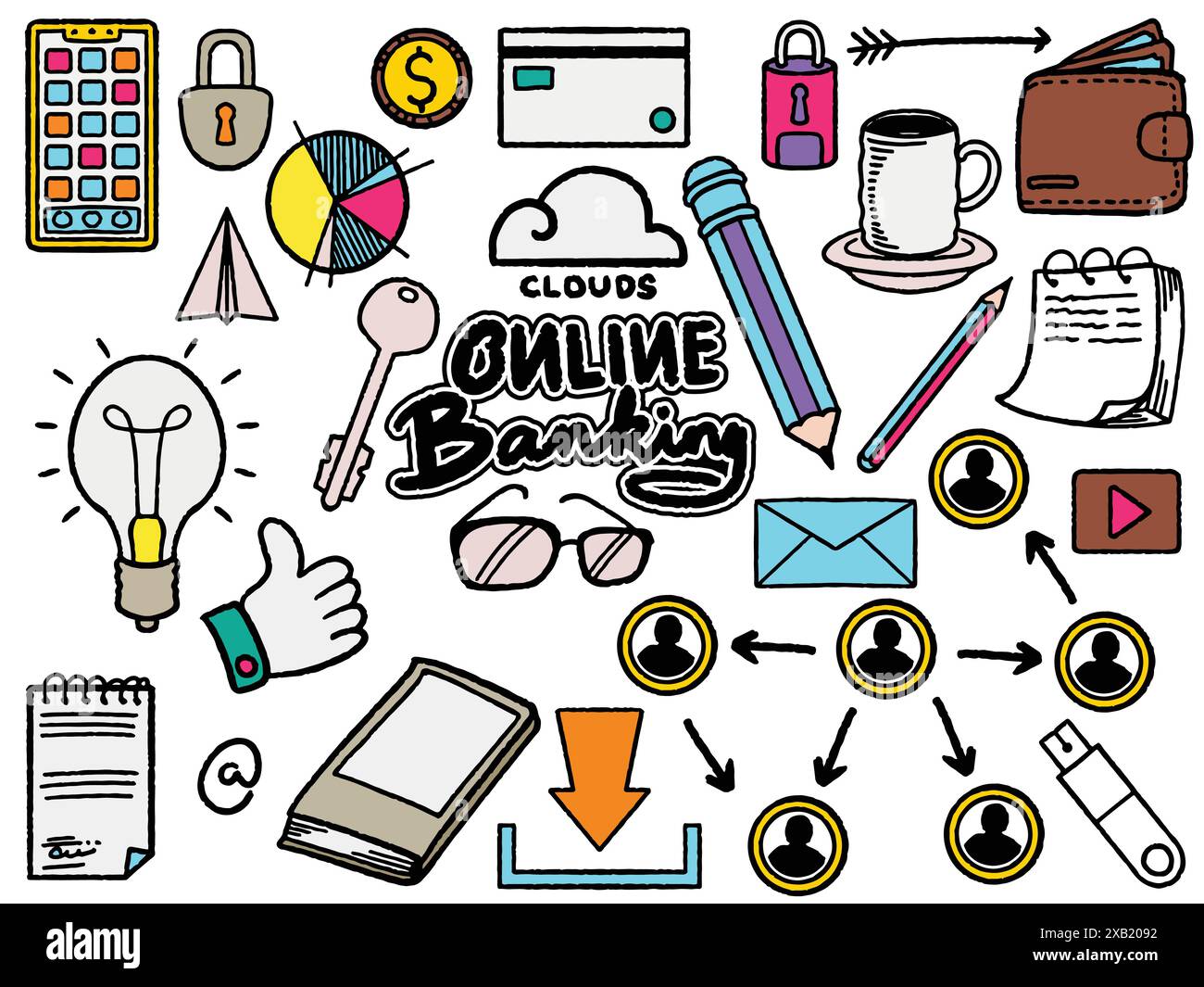 hand drawn doodle business team symbol set elements in colorful style ...