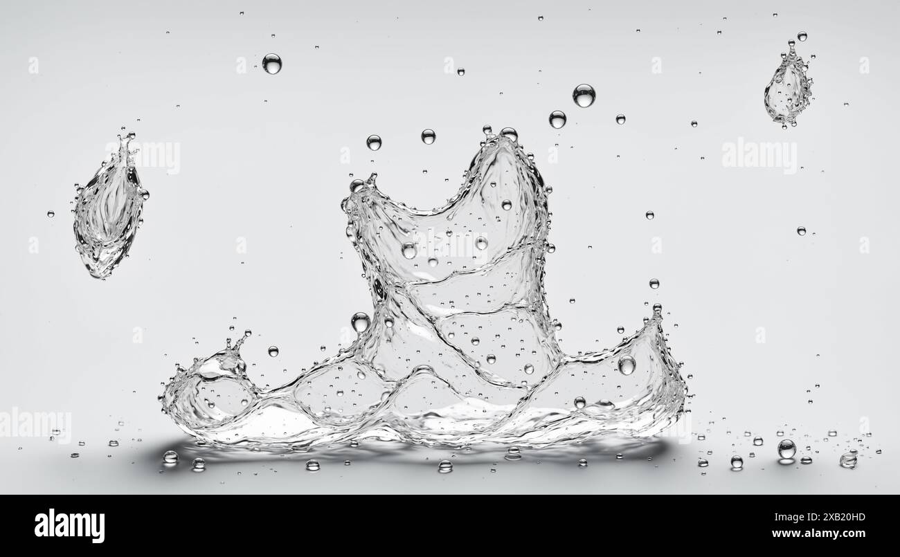 Water droplets frozen in mid-air, splash patterns against white ...