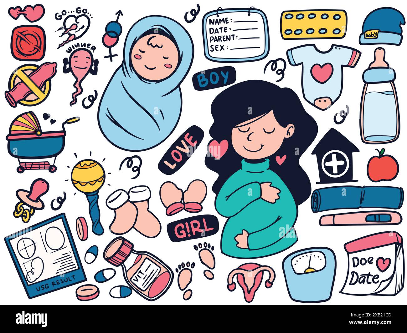 Hand drawn of pregnancy stickers set in colorful style. Mother and ...