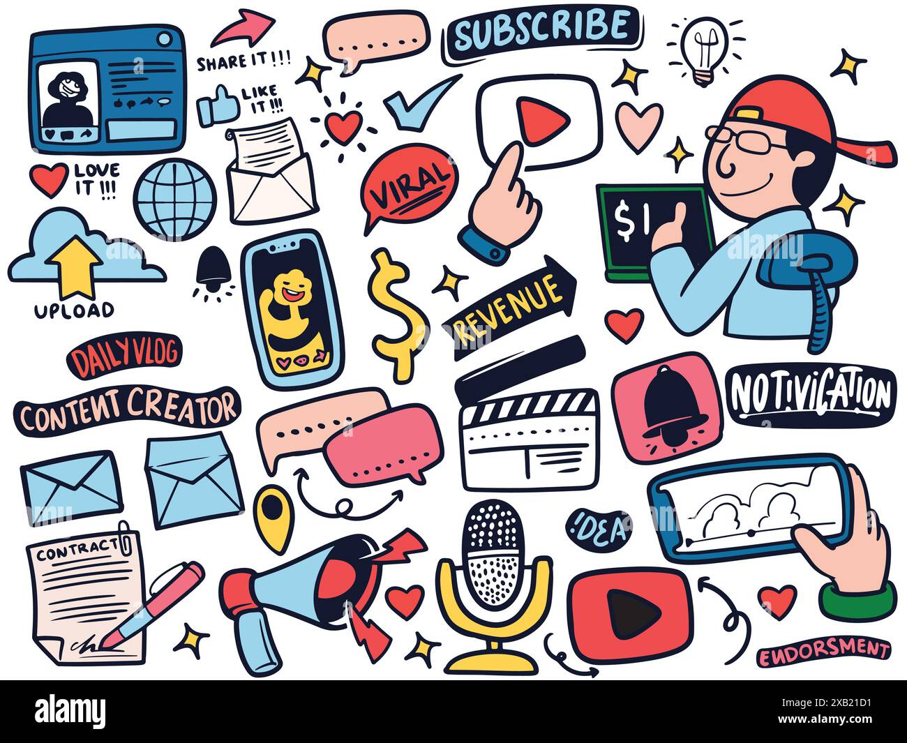 Hand drawn of content creator stickers set in colorful style ...