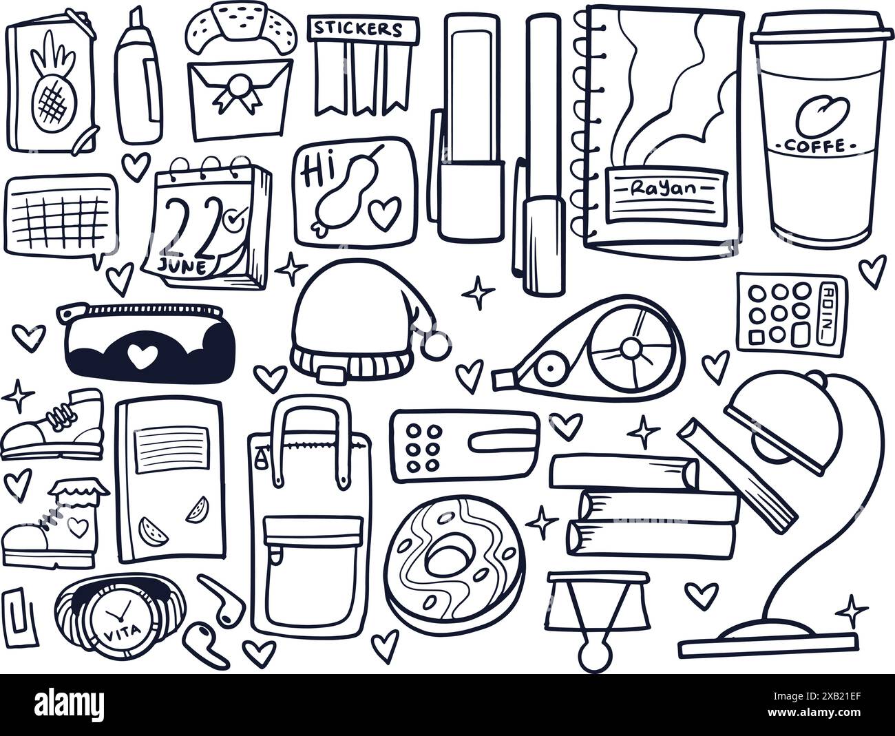 Hand drawn of school supplies stickers set in black white style ...