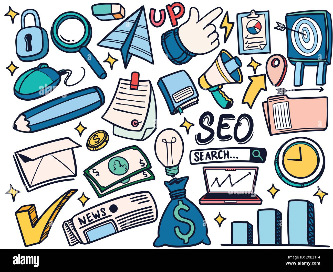 Hand drawn of digital marketing stickers set in colorful style ...