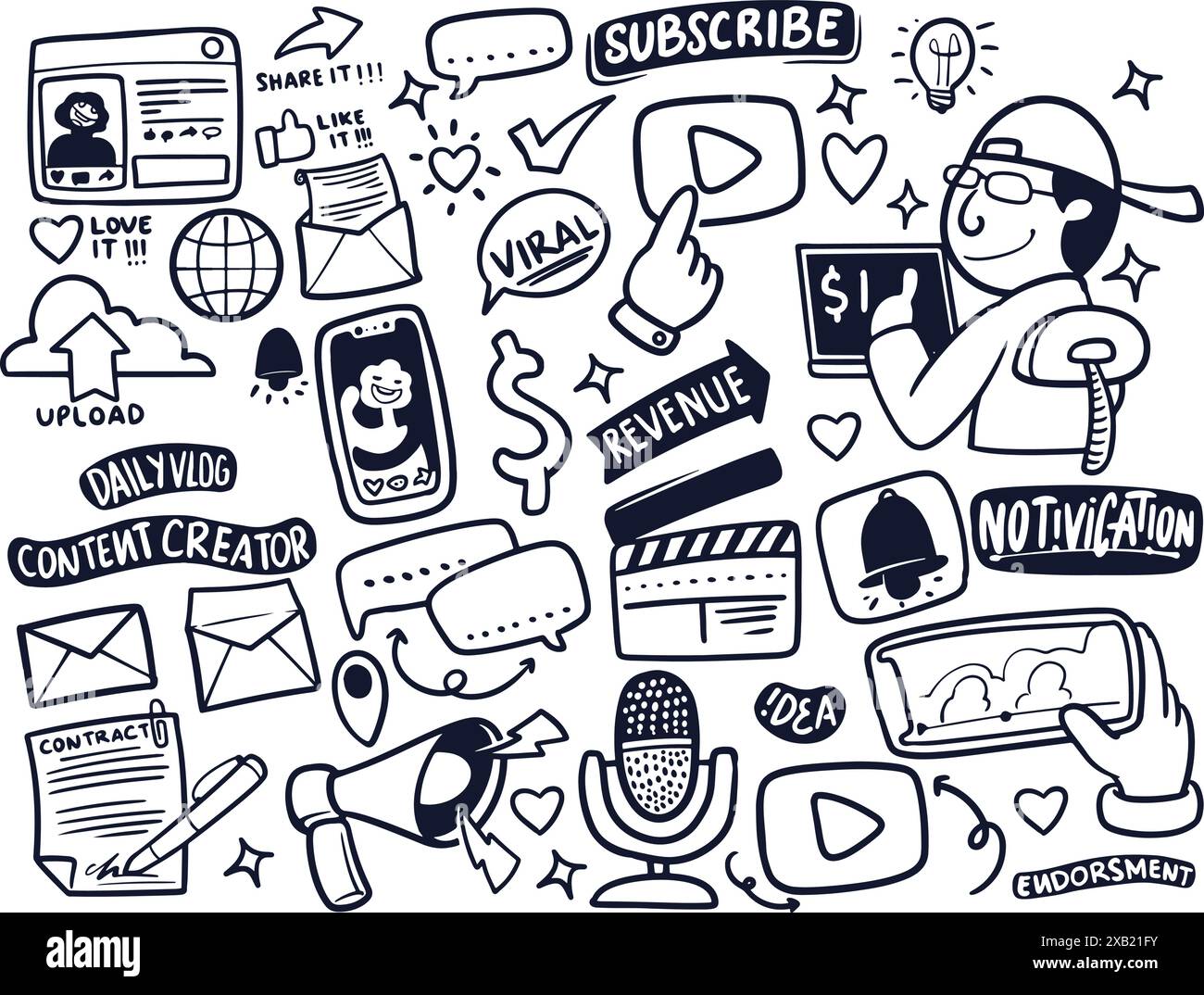 Hand drawn of content creator stickers set in black white style ...