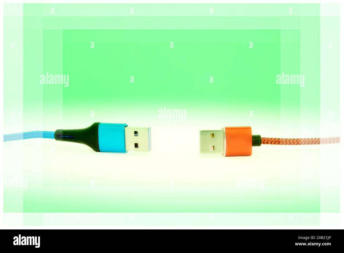 Connection, information. Red and blue usb wires cables in green frame ...