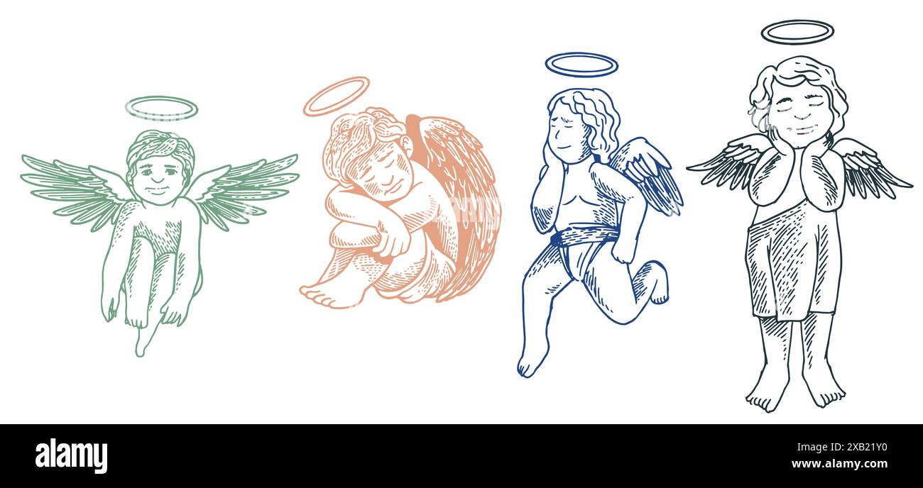Hand drawn of cupid angels from different views in engraving colorful ...