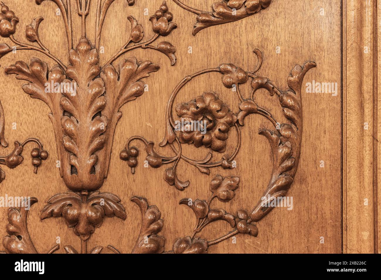 Decorative carving pattern of vintage wooden wall panel, close up photo ...
