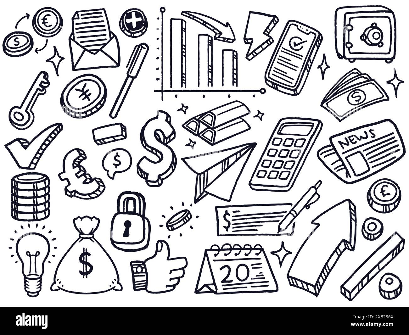 hand drawn doodle business marketing symbol set elements black white ...