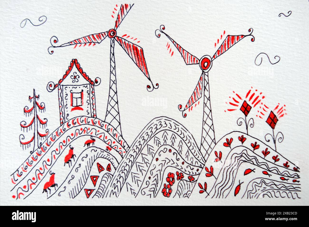 hand drawn zentangle patterns, meditative way of painting, windmills ...
