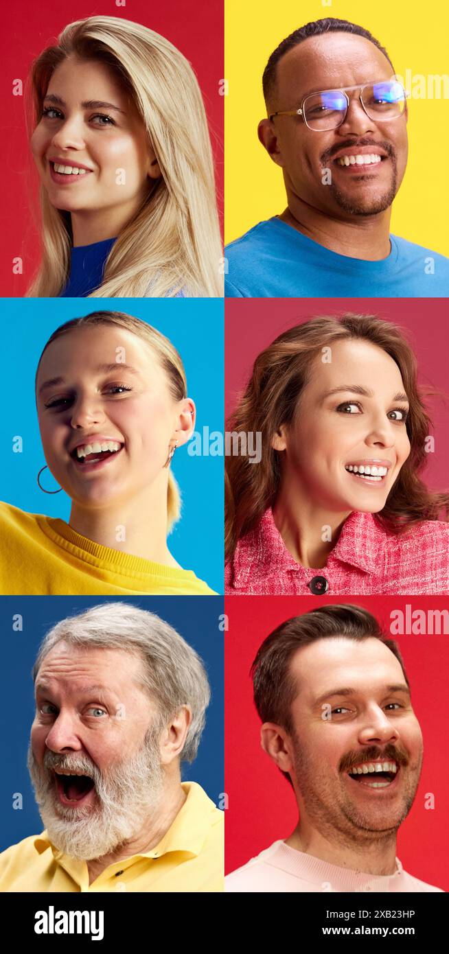 Portraits of young and elderly people, men and women expressing ...