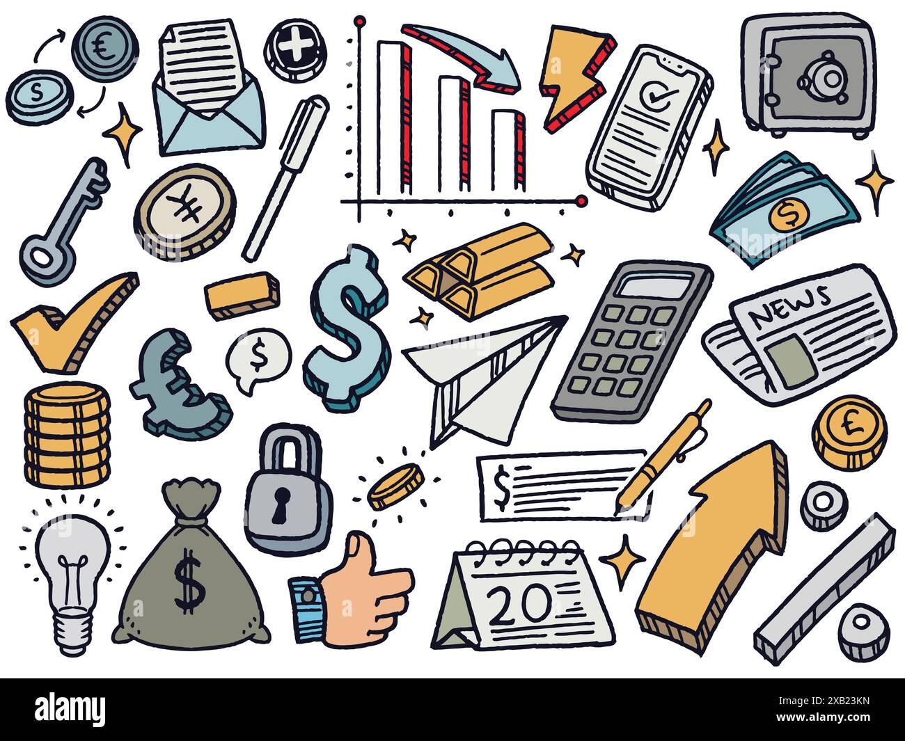 hand drawn doodle business marketing symbol set elements colorful style ...