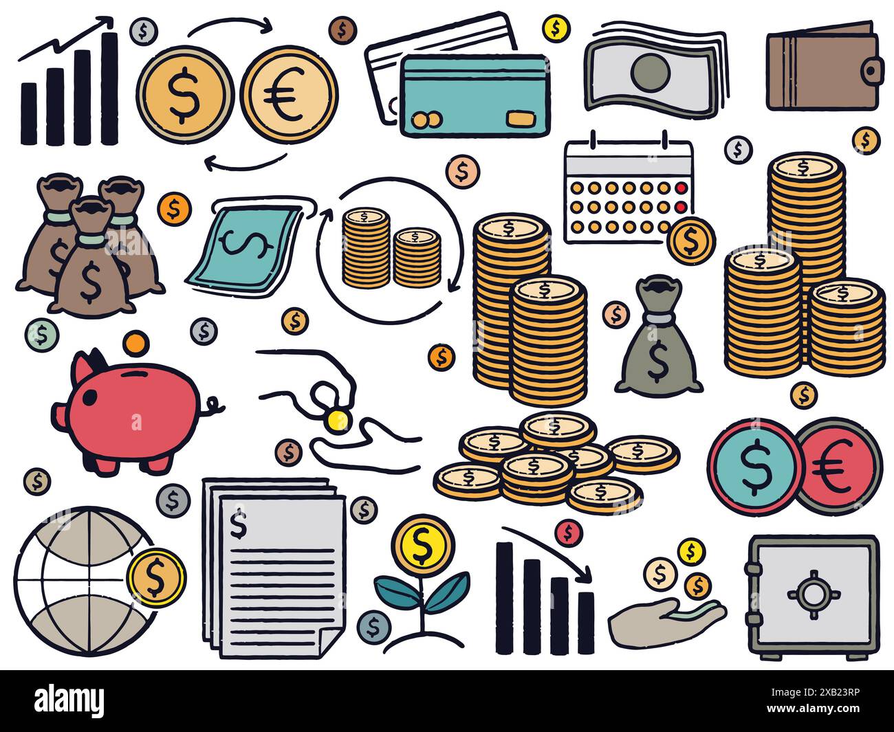 hand drawn doodle business financial symbol set elements colorful style ...