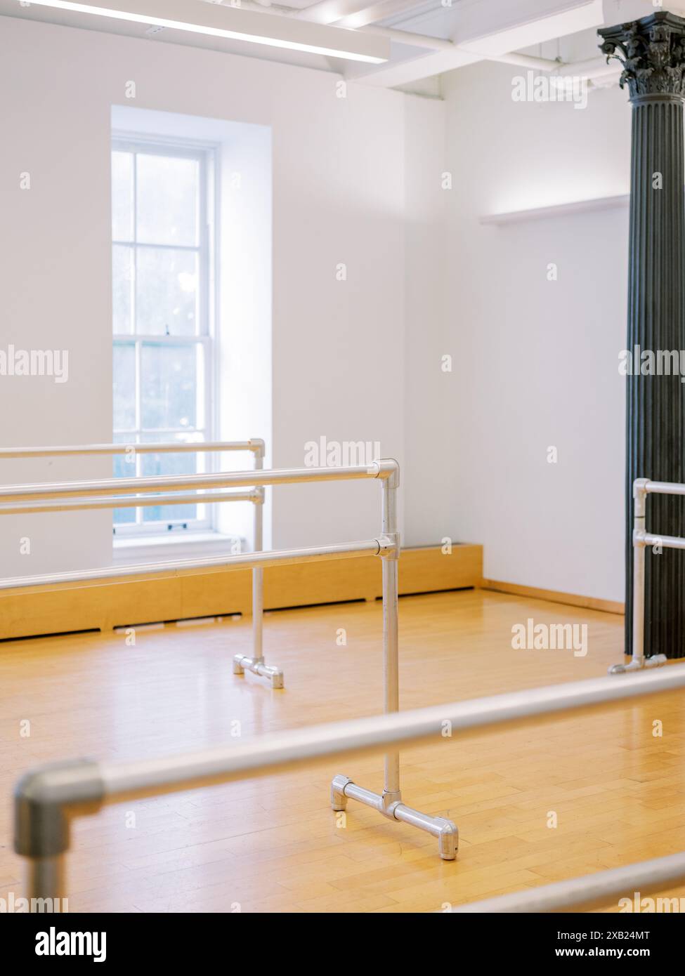 Empty ballet studio with metal barres, hardwood floors Stock Photo - Alamy