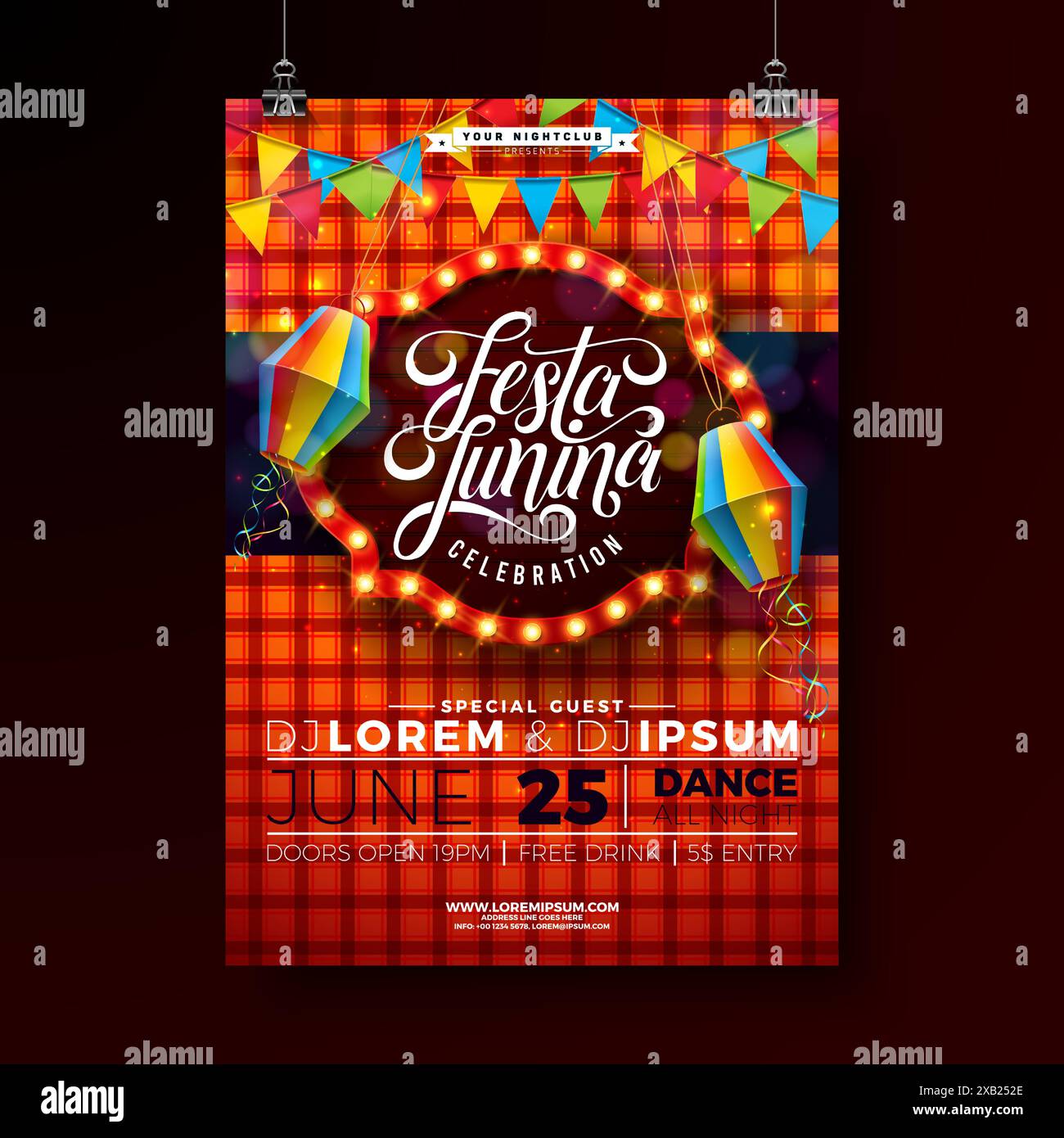 Festa Junina Party Flyer Design with Party Flags, Paper Lantern and ...