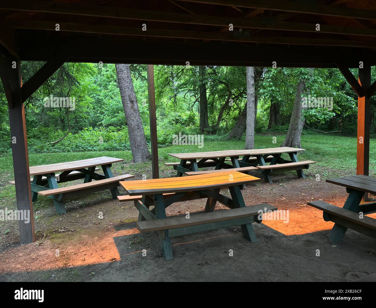 Picnic shelter with tables in forested park, Cincinnati, Ohio Stock ...