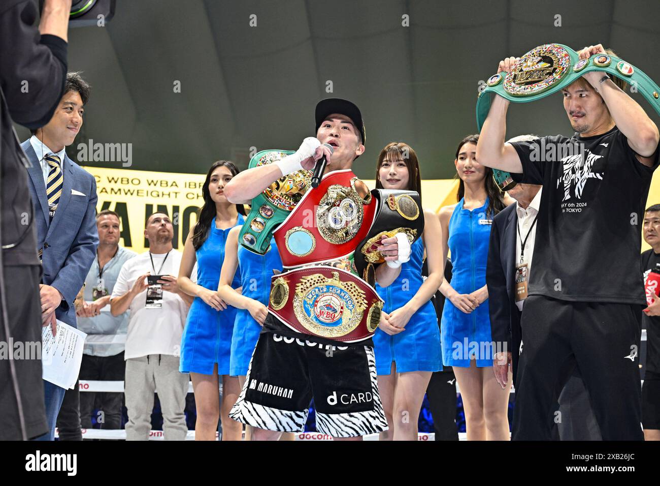 Japan's Naoya Inoue speaks on the ring after winning the IBF-WBA-WBC-WBO superbantamweight title ...