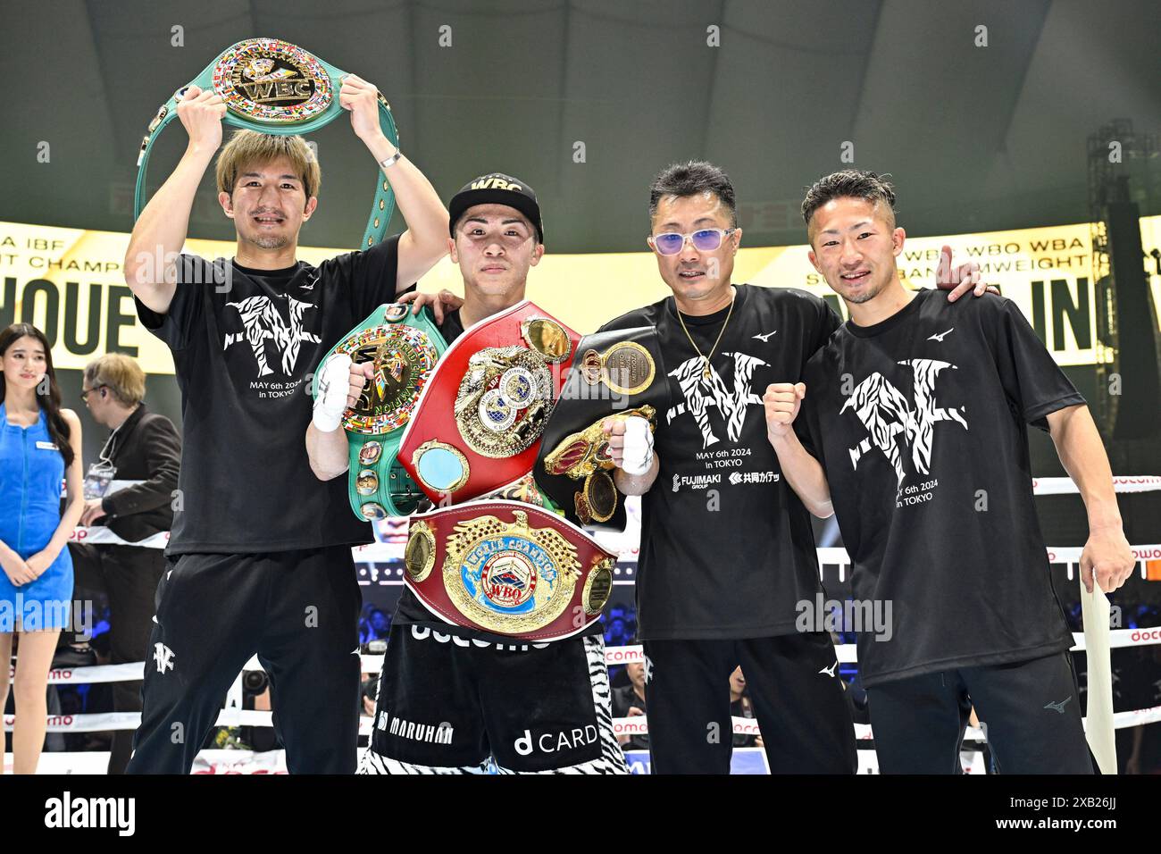 Japan's Naoya Inoue, second left, poses with his cousin Koki Inoue ...
