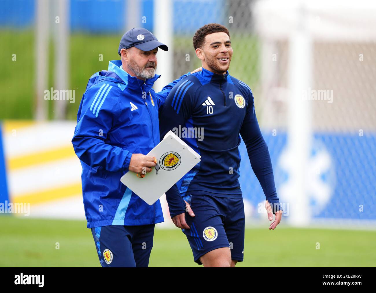 Scotland manager Steve Clarke with Che Adams during a training session ...